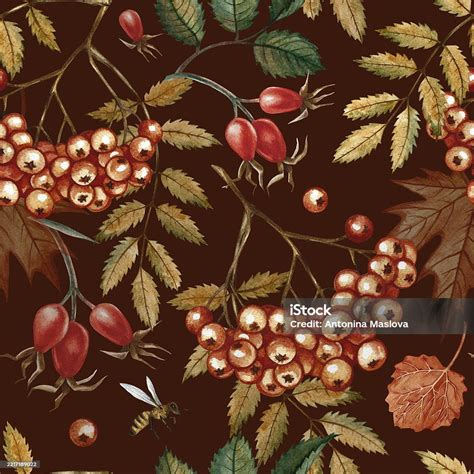 산 재와 다양한 꽃 가을 요소와 함께 완벽 한 가을 패턴 수제 수채화 그림 어두운 배경의 컬러 이미지입니다 포장 장식 섬유 및 포장지용 0명에 대한 스톡 벡터 아트 및 기타