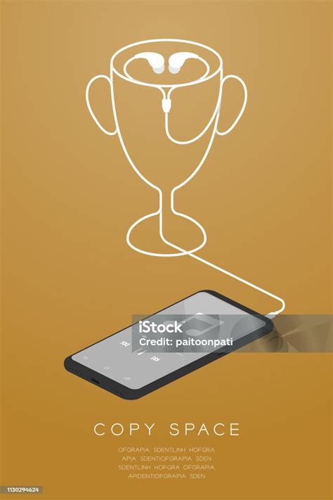 트로피 컵 번호 모양을 만든 케이블 이어폰 스마트폰 등각 투영 평면 디자인 귀 종류 우승자 음악 개념 그림 공간 골드 그라데이션