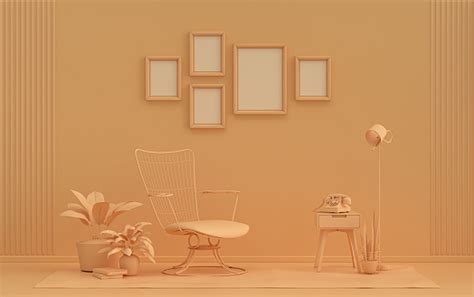 벽에 5 프레임 포스터 쇼케이스를위한 플랫 컬러 인테리어 룸 가구와 식물이있는 흑백 오렌지 분홍색 컬러 갤러리 벽 3d 렌더링 액자에 대한 스톡 사진 및 기타 이미지