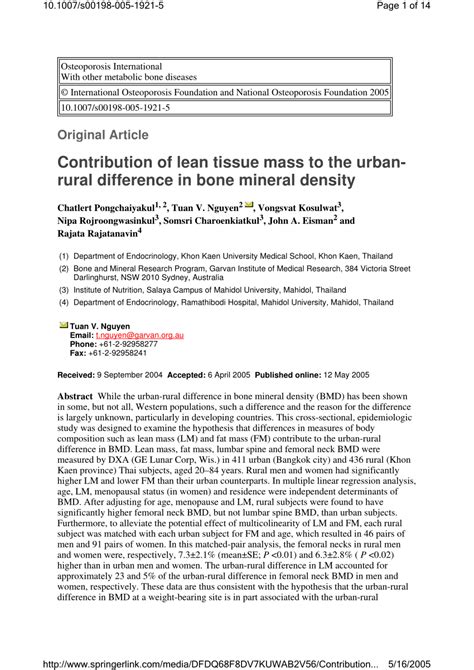 Pdf Contribution Of Lean Tissue Mass To The Urban Rural Difference In Bone Mineral Density