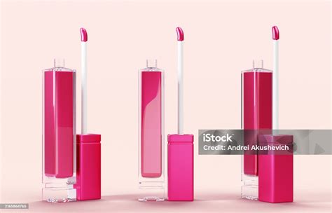 빨간 립글로스의 3d 세트 액체 립스틱 튜브 모형 전면 및 측면도 메이크업 화장품 미용 제품 템플릿 배경에 고립 된 투명 병 열기 사실적인 렌더링 아이콘 3차원 형태에 대한