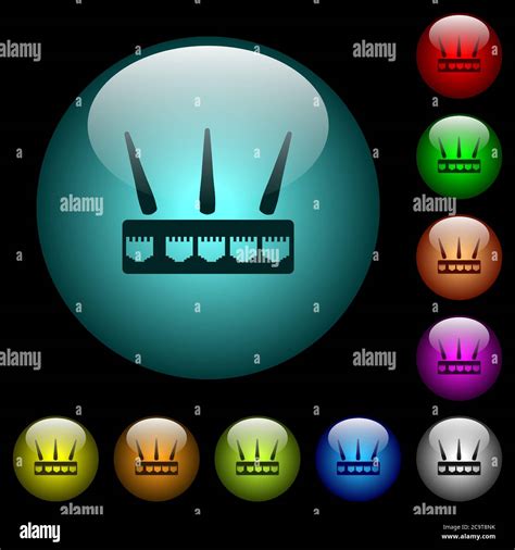 Wireless Router Icons In Color Illuminated Spherical Glass Buttons On Black Background Can Be