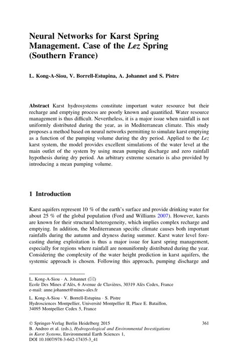 Pdf Neural Networks For Karst Spring Management Case Of The Lez Spring Southern France