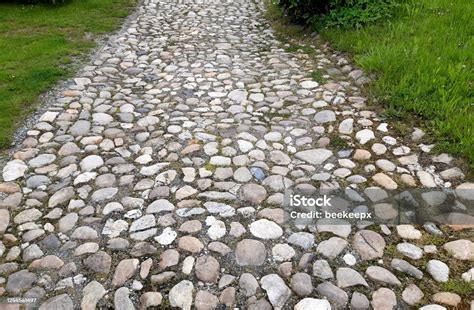 석영 바위로 만든 오래된 시골 돌 포장 도시 광장은 자갈 갈색 베이지 색 흰색 노란색 으로 채워진 약 15cm 관절의 크기로 자란 자갈 풀길 초목에 대한 스톡 사진 및 기타