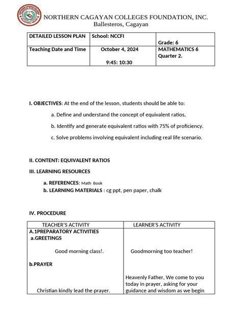 Detailed Lesson Plan In Math 6 1 Pdf Ratio Learning