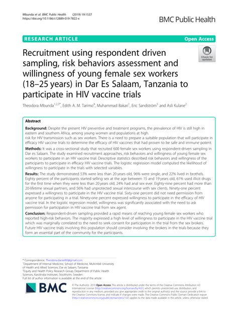 Pdf Recruitment Using Respondent Driven Sampling Risk Behaviors Assessment And Willingness Of