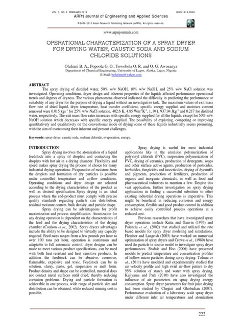 Operational Characterization Of A Spray Dryer For Drying Water Caustic Soda And Sodium Chloride