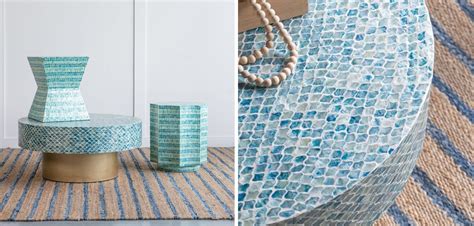 Стол Кофейный Bone Inlay Blue с мозаичным рисунком из раковин устриц по ...