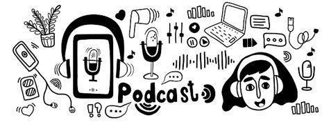 팟캐스트 스케치 개념입니다 헤드폰과 배지를 달고 있는 소녀 팟캐스터가 마이크로 말합니다 손으로 그린 낙서 스타일로 팟 캐스트에