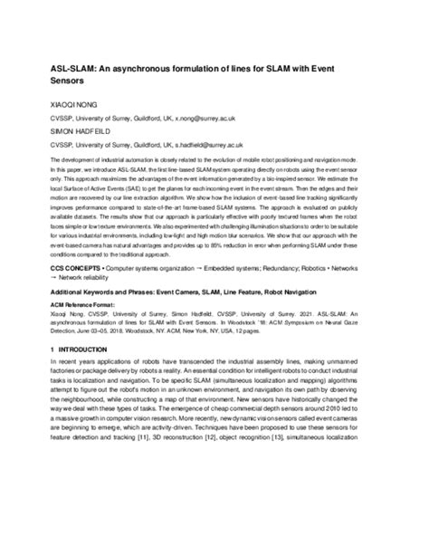 Pdf Asl Slam An Asynchronous Formulation Of Lines For Slam With Event Sensors