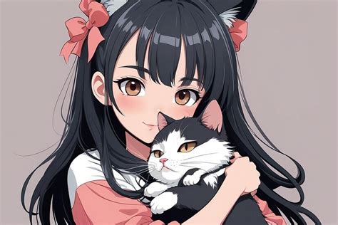 Premium Photo Cute Anime Girl Holding A Cat In Her Arms