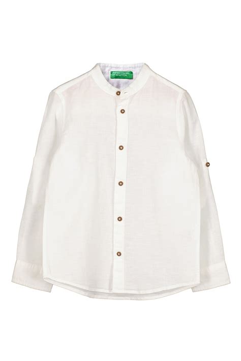 United Colors Of Benetton Риза с лен и малка овална яка Бял 160 Cm