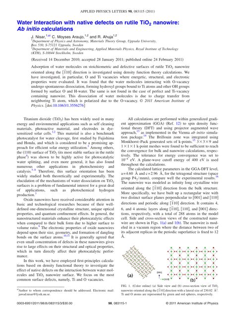 Pdf Water Interaction With Native Defects On Rutile Tio2 Nanowire Ab Initio Calculations