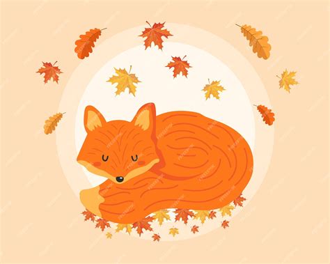 귀여운 잠자는 여우와 가을 단풍과 오크 잎 삽화 어린이를 위한 인쇄 벡터 프리미엄 벡터
