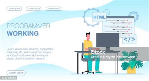 프로그래머 작업 프로그래머는 컴퓨터에서 작동합니다 한 남자가 책상 위에 프로그램 코드가 있는 창문 위에 앉아 있다 플랫 벡터 그림입니다 개발에 대한 스톡 벡터 아트 및 기타