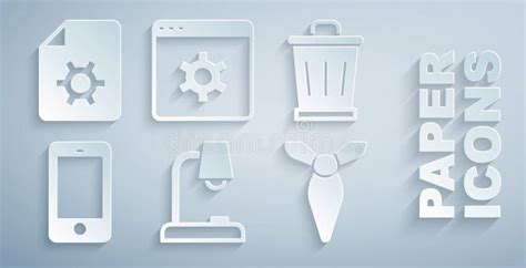 Set Table Lamp Trash Can Mobile Phone Tie Browser Setting And Document Settings Icon Vector