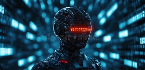 A Futuristic Humanoid Robot With Glowing Red Eyes Stands Against A Backdrop Of Digital Code At