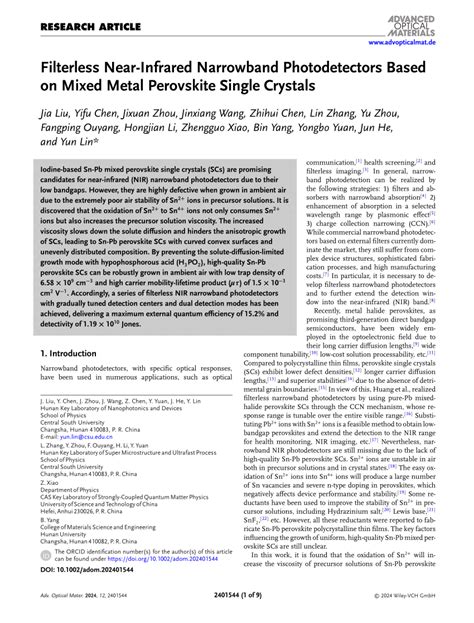 Filterless Near‐infrared Narrowband Photodetectors Based On Mixed Metal Perovskite Single