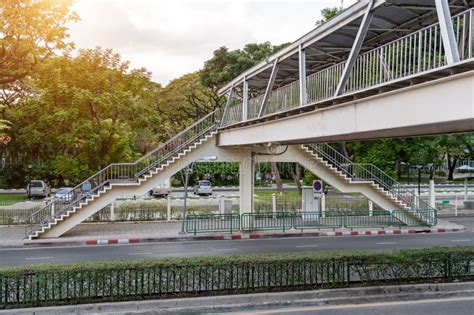 Overhead Pedestrian Crossing View Of The Stairs Above The Highway City