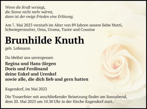 Traueranzeigen Von Brunhilde Knuth Trauer Nordkurier