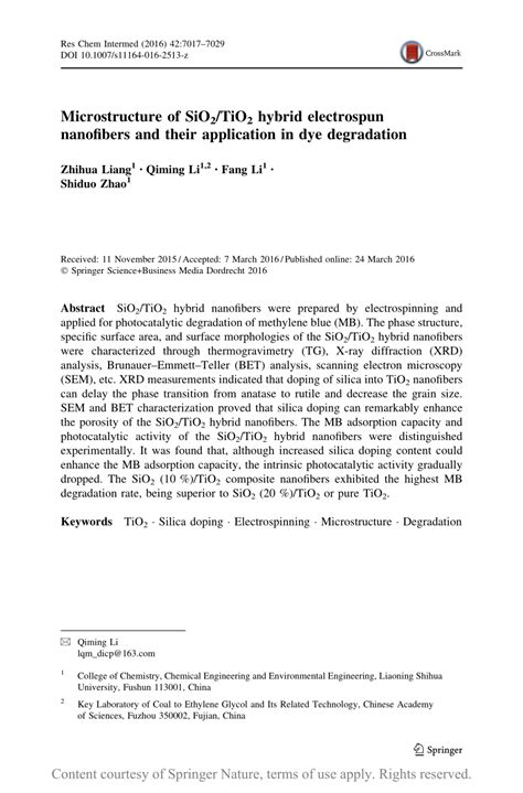 Microstructure Of Sio2 Tio2 Hybrid Electrospun Nanofibers And Their