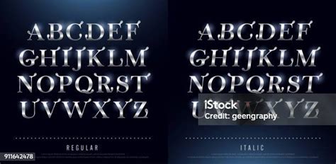 우아한 실버 컬러 메탈 크롬 알파벳 대문자 글꼴의 집합입니다 타이 포 그래피 클래식 스타일은 글꼴 세트 로고 포스터 초대장 벡터 일러스트 레이 터 금속에 대한 스톡 벡터