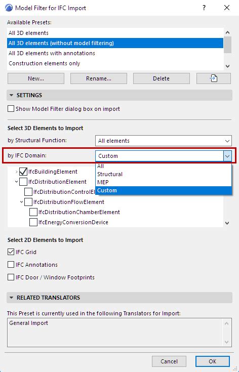 model filter for ifc import