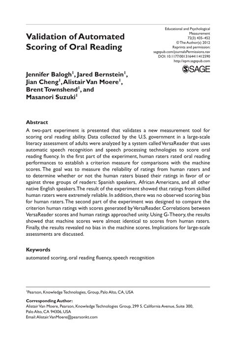 Pdf Validation Of Automated Scoring Of Oral Reading