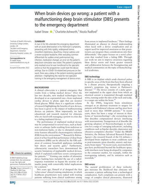 Pdf When Brain Devices Go Wrong A Patient With A Malfunctioning Deep Brain Stimulator Dbs