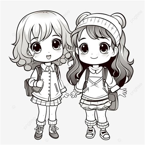 친구 학생 밑그림 낙서 카와이 애니메이션 색칠 공부 페이지 귀엽다 깜찍 아기자기 앙증맞다 일러스트 삽화 그림 그리다 소묘 클립