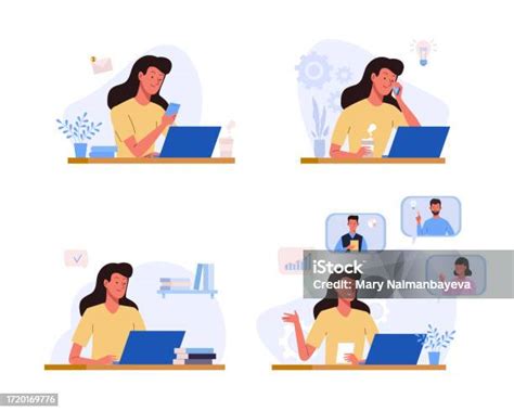 사무실 작업 프로세스 세트 노트북을 들고 테이블에 앉아 전화 통화를 하는 여자는 동료들과 온라인으로 소통한다 가정 생활에 대한 스톡 벡터 아트 및 기타 이미지 Istock