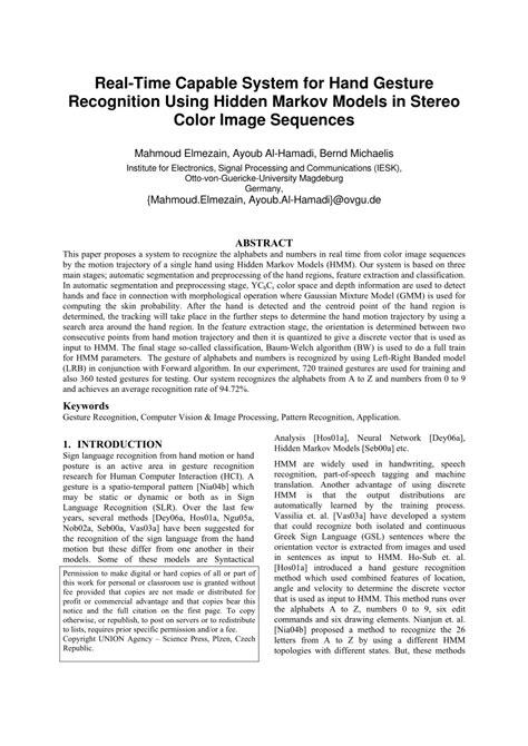 Pdf Real Time Capable System For Hand Gesture Recognition Using Hidden Markov Models In Stereo