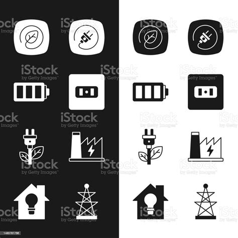 전기 콘센트 배터리 잎이 있는 위치 플러그 저장 원자력 발전소 타워 및 스마트 하우스 및 전구 아이콘을 설정합니다 벡터 검은색에