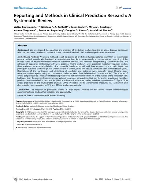 Pdf Reporting And Methods In Clinical Prediction Research A