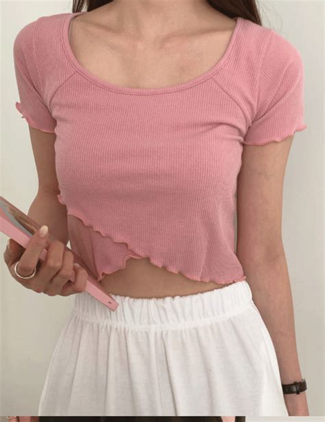 사선물결~여성스러움 스퀘어넥 골지 크롭 반팔티셔츠 3color