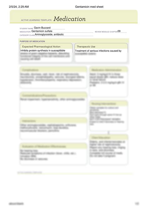 Solution Gentamicin Med Sheet Medication Sheet For Pharmacology