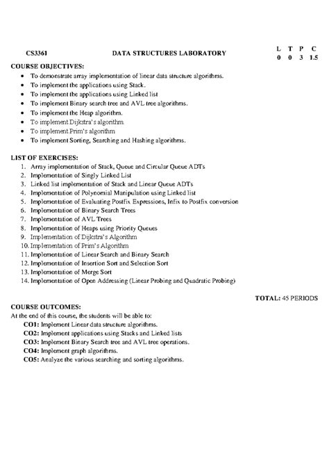 Cs3361 Data Structures Laboratory Comprehensive Lab Manual Studocu