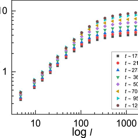 logarithmic plot of surface width w vs the length scale l over which it