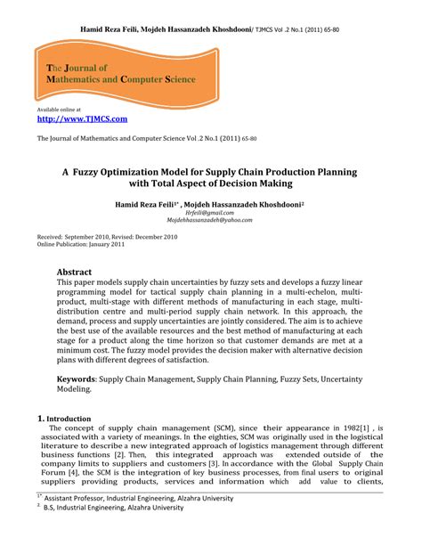 Pdf A Fuzzy Optimization Model For Supply Chain Production Planning