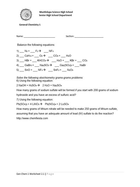 Worksheet On Balancing Equations 2 And Stoichiometry Pdf