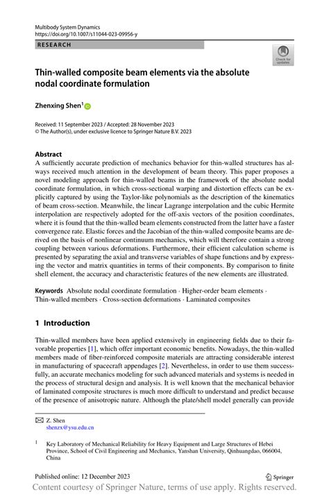 Thin Walled Composite Beam Elements Via The Absolute Nodal Coordinate