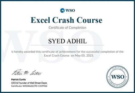 Certificate Of Completion Excel Crash Course Syed Adhil Syed Adhil
