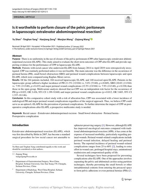 Is It Worthwhile To Perform Closure Of The Pelvic Peritoneum In Laparoscopic Extralevator