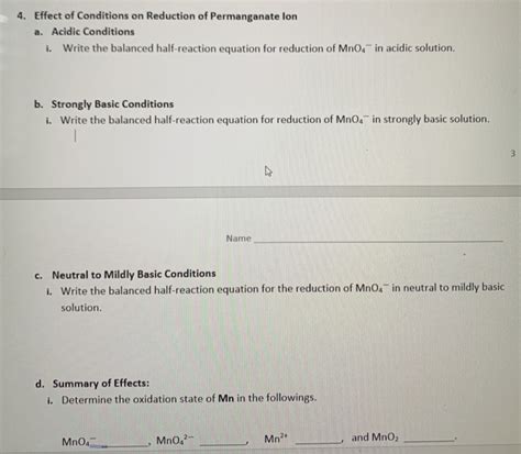 Solved 4 Effect Of Conditions On Reduction Of Permanganate