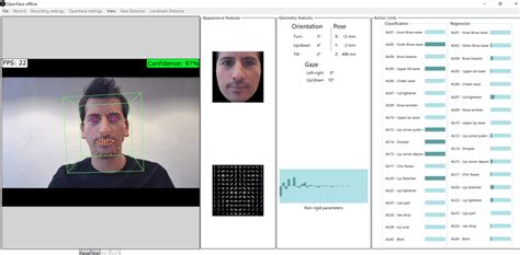 graphic interface of openface toolkit perfoming a facial expressions