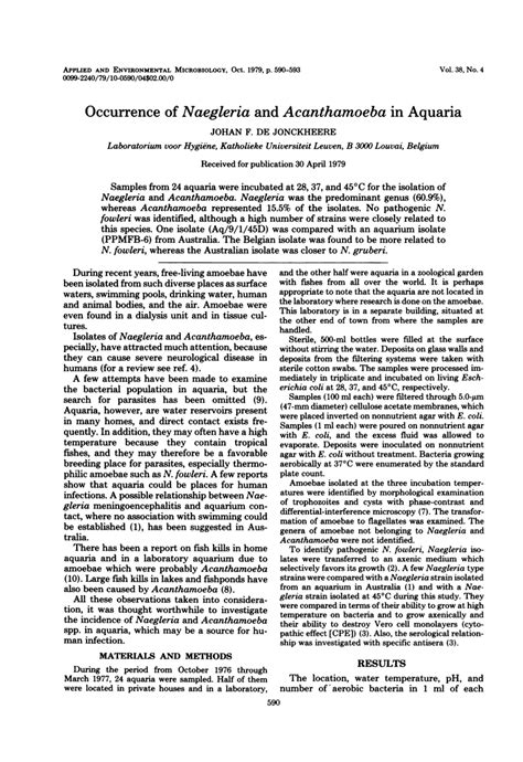 Pdf Occurrence Of Naegleria And Acanthamoeba In Aquaria