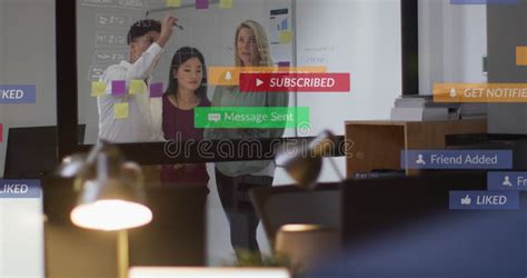 Animation Of Notification Bars Over Diverse Coworkers Discussing
