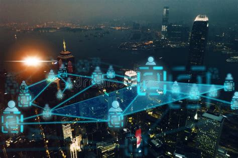 Smart City Iot Network And Cloud Computing Night Drone Or Aerial View Of Buildings Or