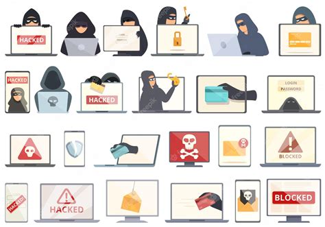 Premium Vector Hacker Attack Icons Set Cartoon Vector Fraud Hacking