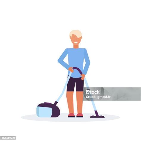 Vac 남성 만화 캐릭터 전체 길이 평면 분리를 사용 하 여 진공 청소기 남자와 바닥을 청소 하는 남자 가사 집안일에 대한 스톡 벡터 아트 및 기타 이미지 Istock